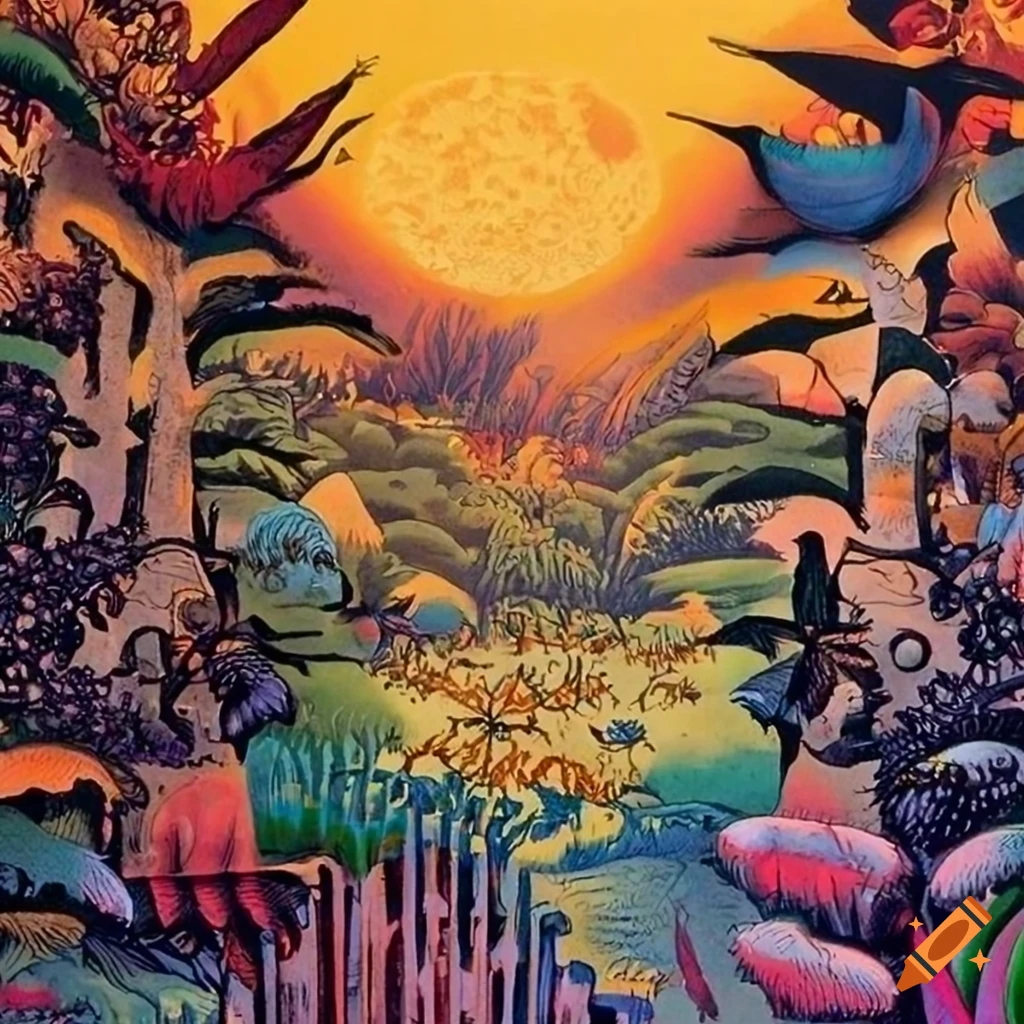 William Stout serigraph of dusk in The Garden of Eden with demons and ...