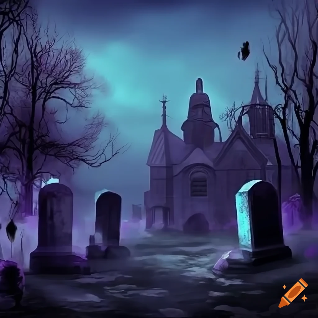 Haunted cemetery with grave stones in purple, blue, and gray colors on ...