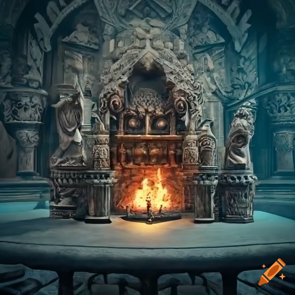 Elegant dwarven feast hall with stone table and thrones, surrounded by ...