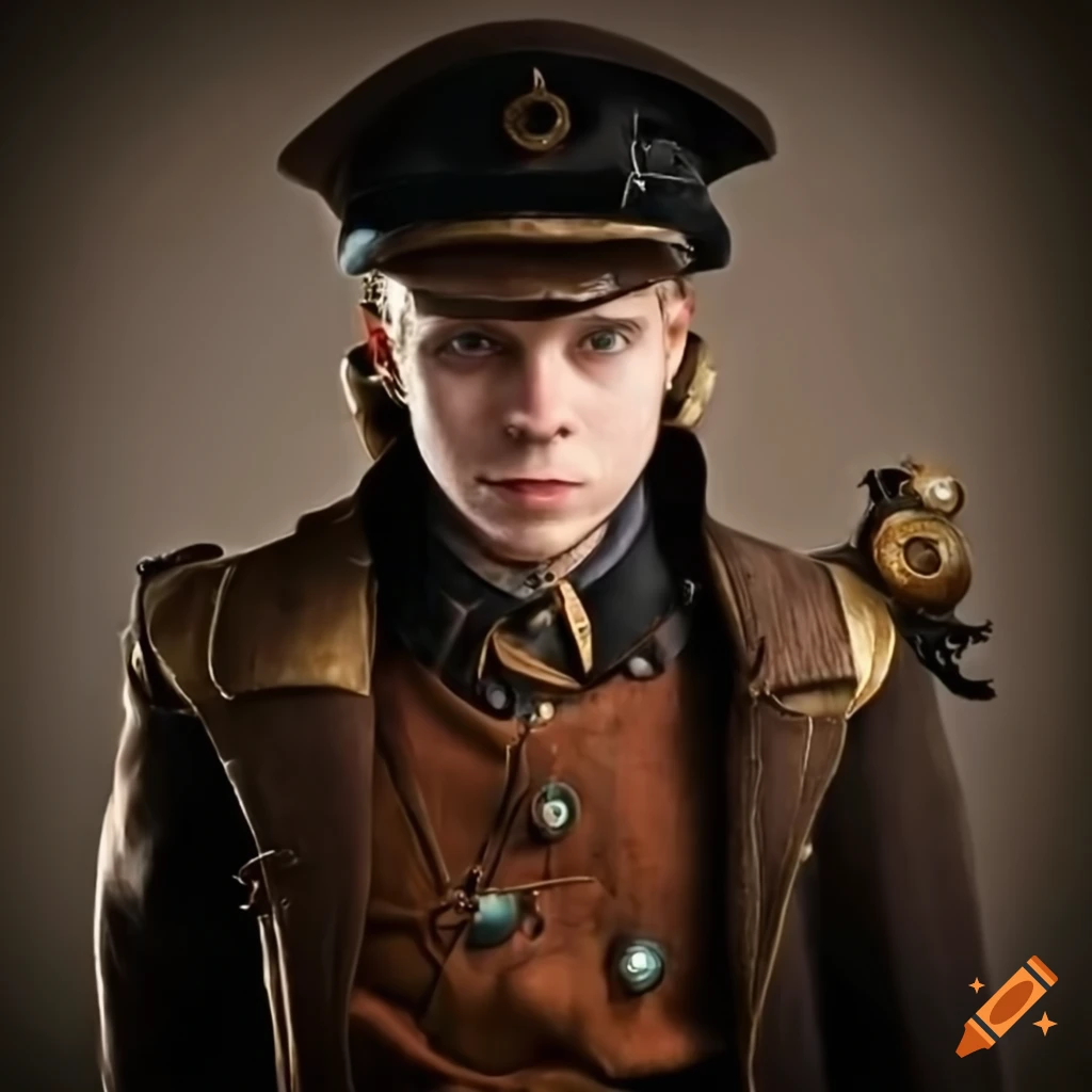 Portrait of a 20-year-old male steampunk pilot on Craiyon