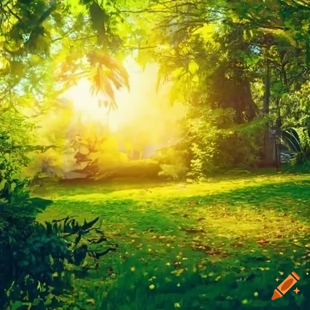 Bright and sunny outdoor scene with blue skies and lush greenery on Craiyon