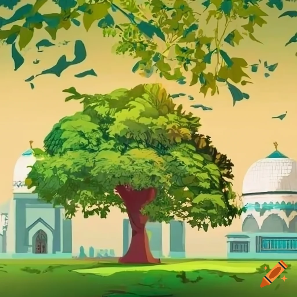 Children playing and learning under a tree at an islamic school on Craiyon