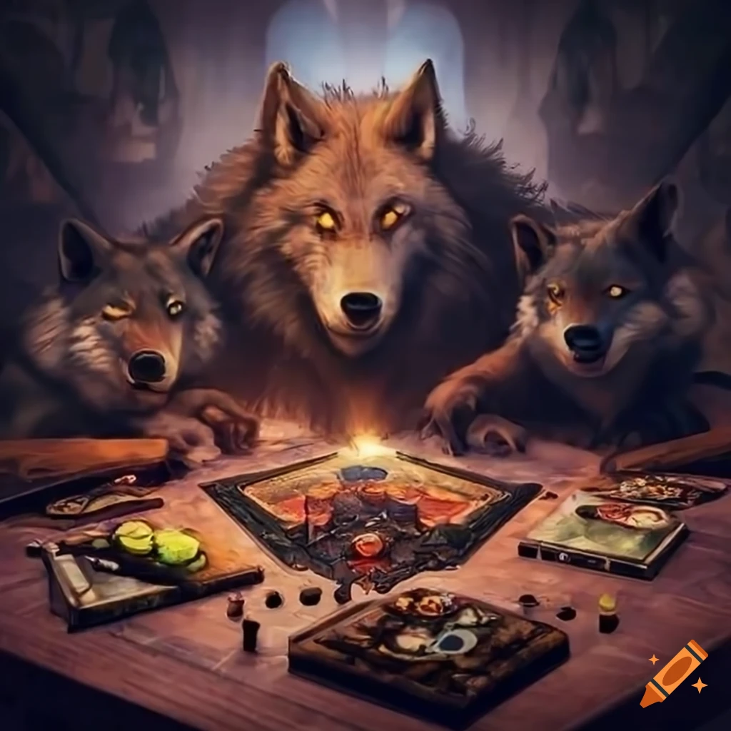 Geeky wolves playing a tabletop roleplaying game in a fantasy-themed game room on Craiyon