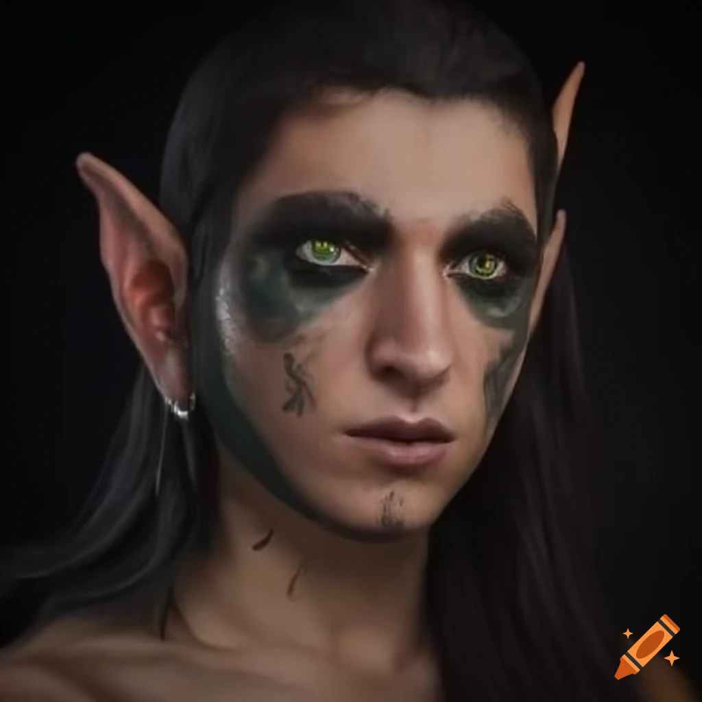 High fantasy half elf with eye tattoos beneath dark green eyes on Craiyon