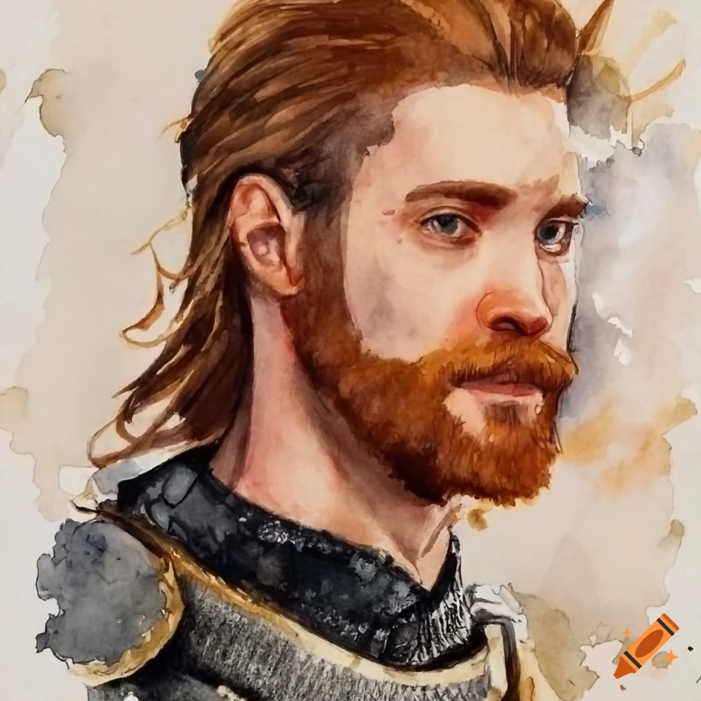 Watercolor portrait of a knight with symmetrical features, brown hair ...