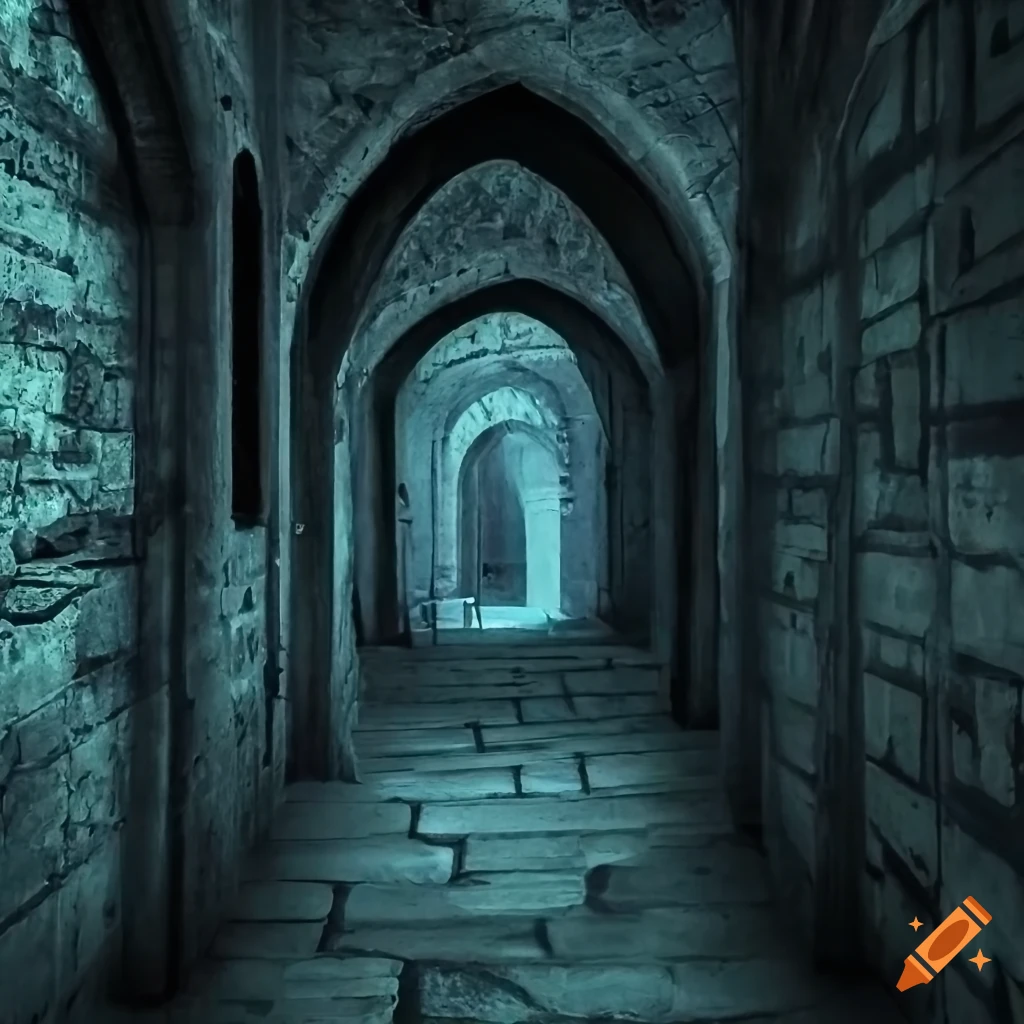 Long castle corridor with doors and jail bar in a medieval setting with ...