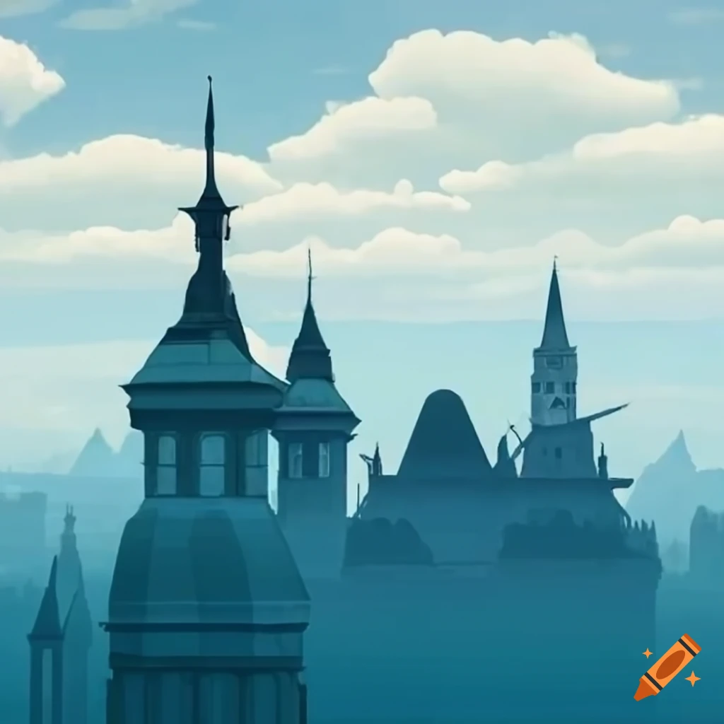 City with medieval architecture built on clouds with a distant castle ...