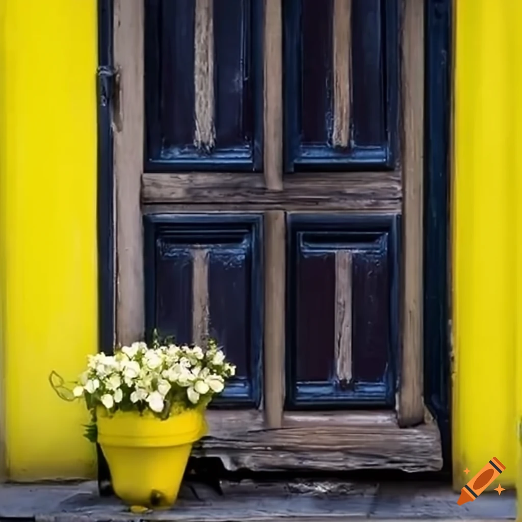 Small yellow flower pot by the door in springtime on Craiyon