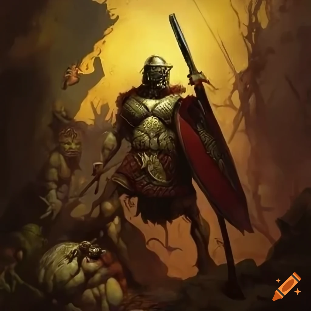 Macedonian warrior leading hoplites in battle against orcs, inspired by ...