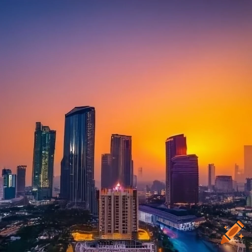 Gorgeous sunset over Jakarta's bustling metropolis with iconic ...