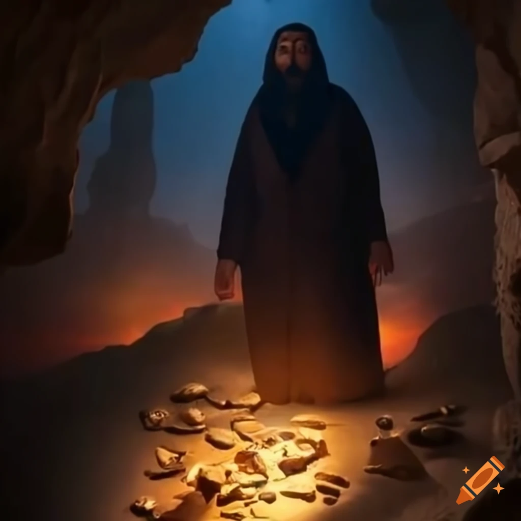 Arabian trader inside a dark desert cave surrounded by treasure on Craiyon