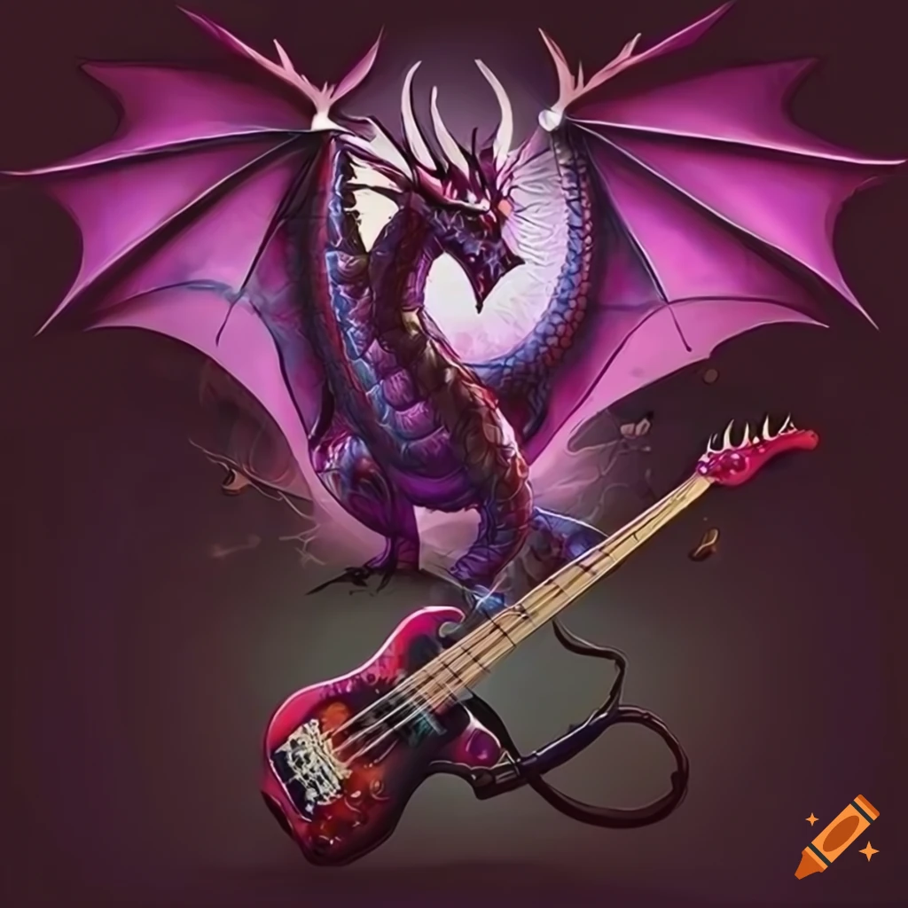 Fantasy rock band logo with a dragon bassist, guitarists, and female ...