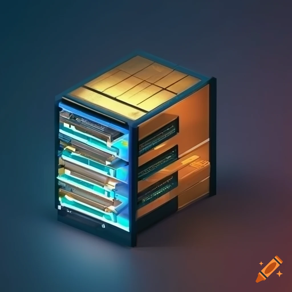 Isometric view of a gold data storage server in a modern tech lab on ...
