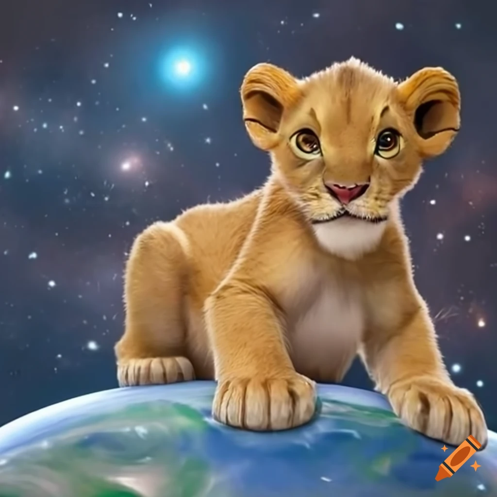 Giant lion cub Simba sitting on a planet in space on Craiyon