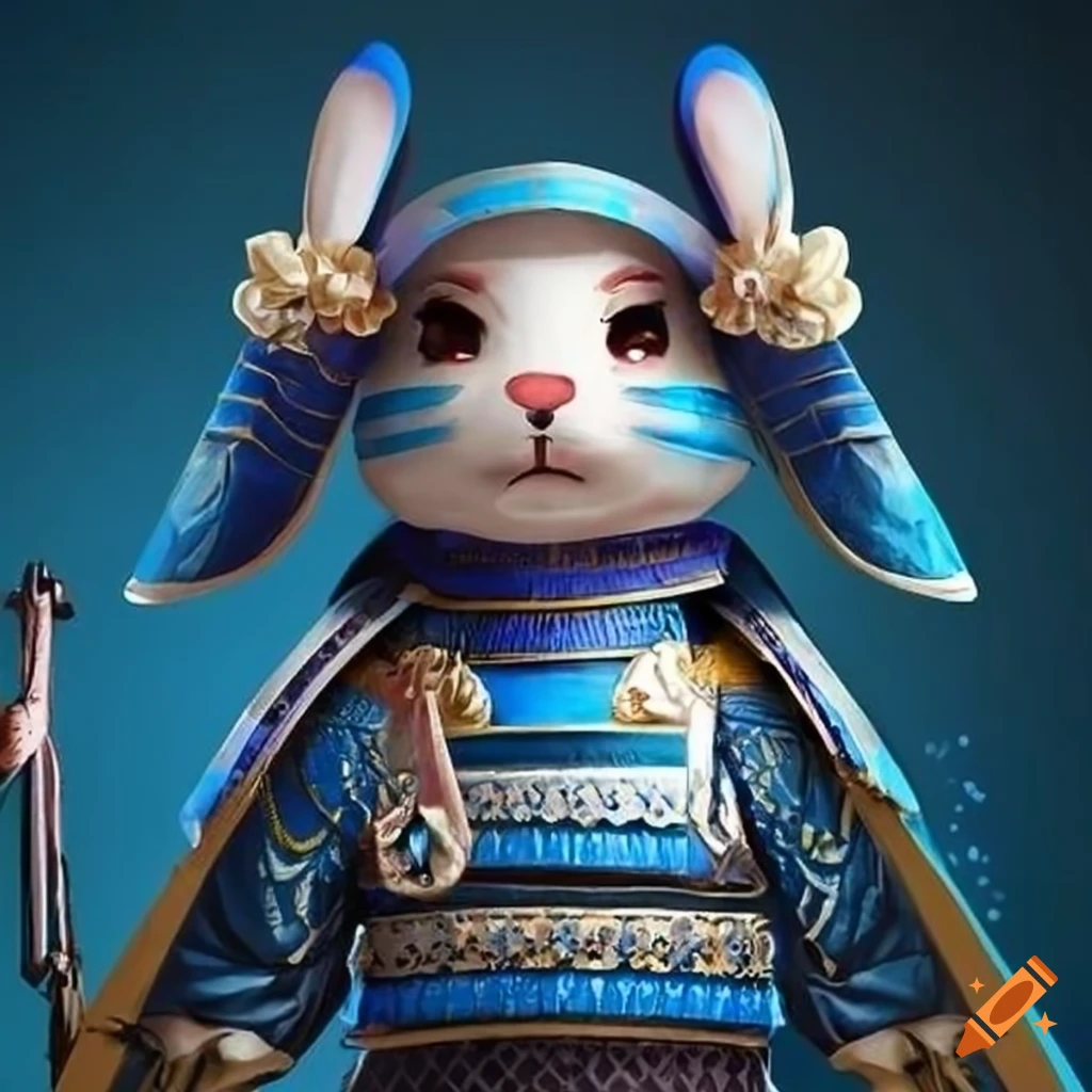 Sweet rabbit samurai warrior in blue, yellow, and white armor on Craiyon