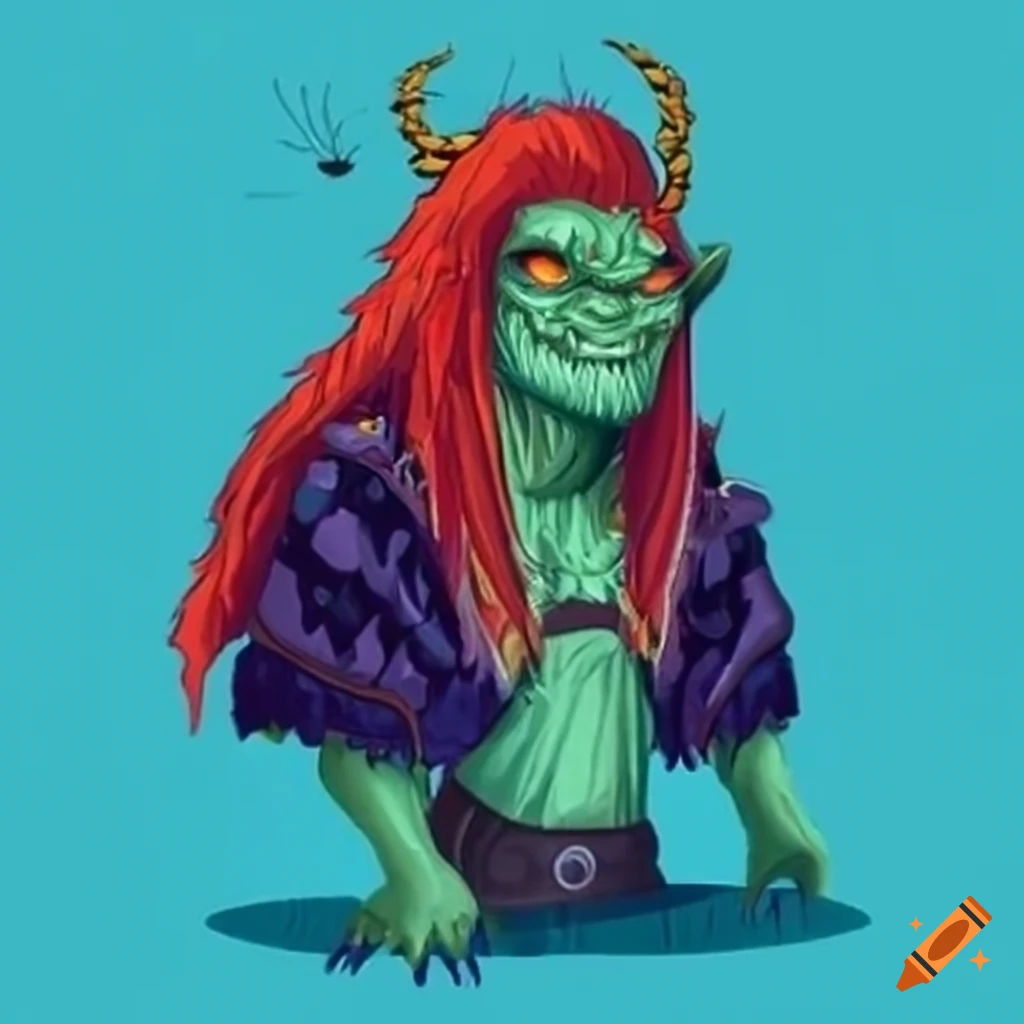 Highly detailed fantasy troll lizardman wizard with red Mohawk and blue ...
