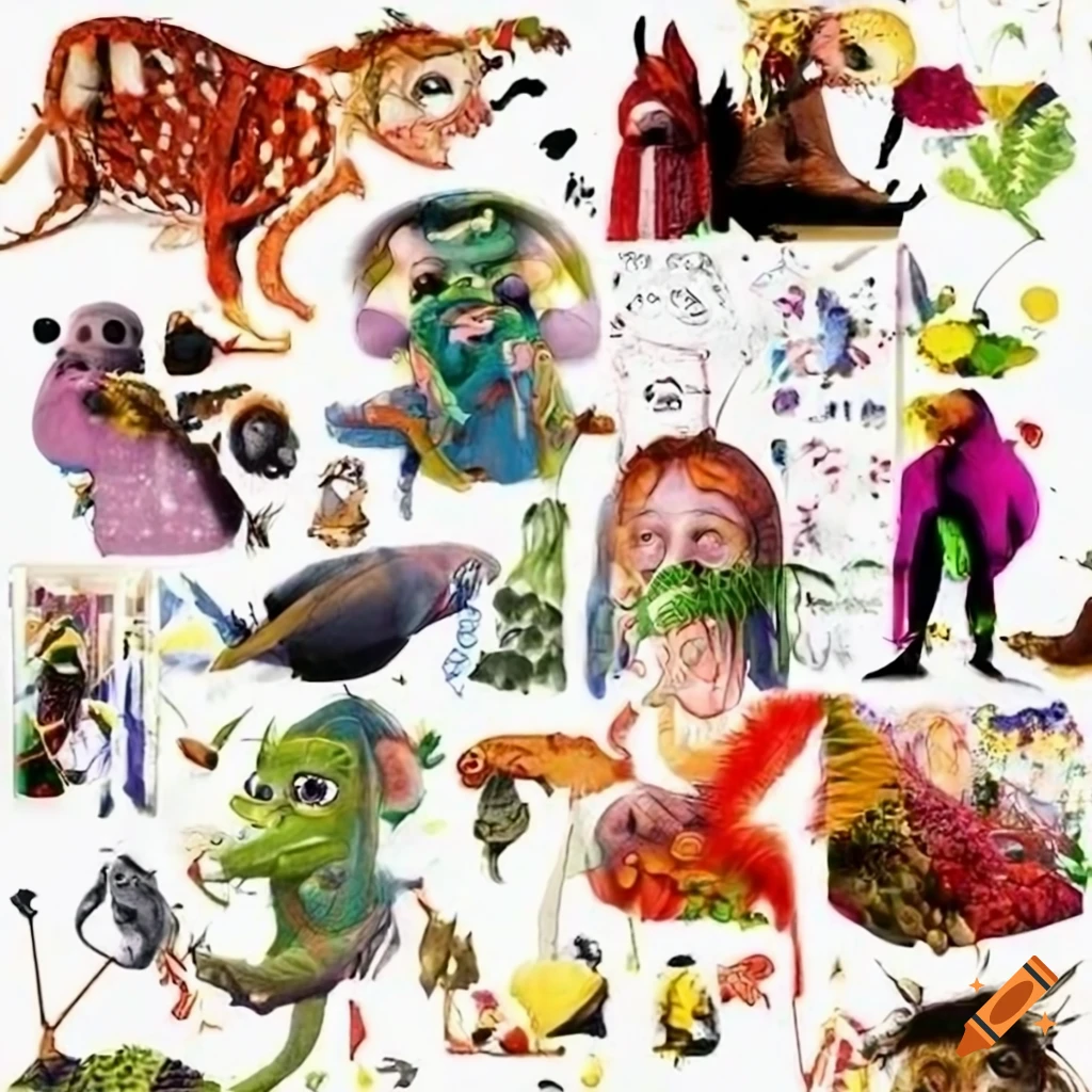 Colorful collage of cartoon characters exploring nature on Craiyon