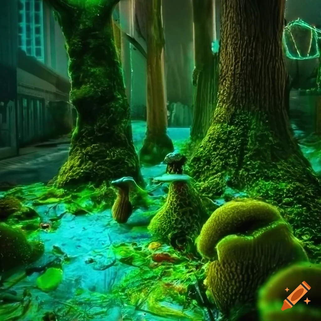 Glowing biopunk cityscape with biomechanical elements and mutant ...