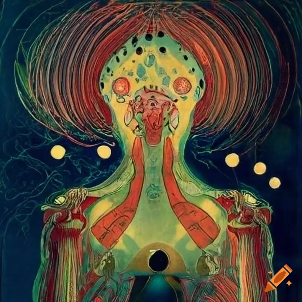 Art nouveau expressionism of droid beings navigating mathematical and lucid realms with unique ...