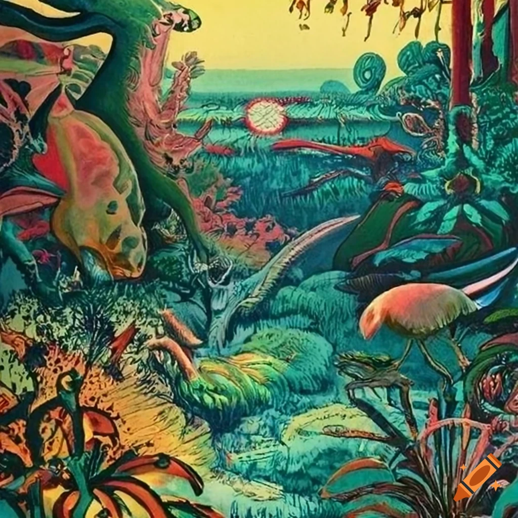 William Stout serigraph of dusk in The Garden of Eden with demons and ...