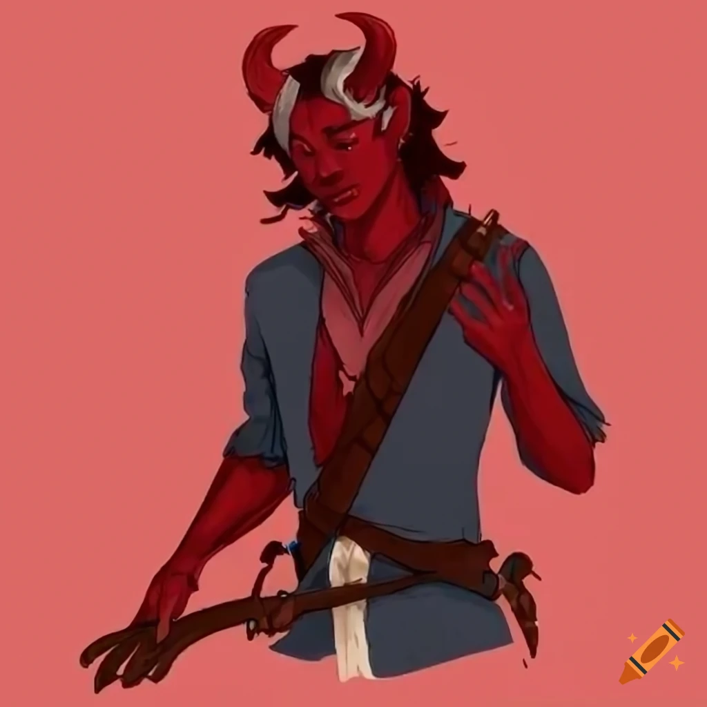 Male tiefling bard with white hair and red skin on Craiyon