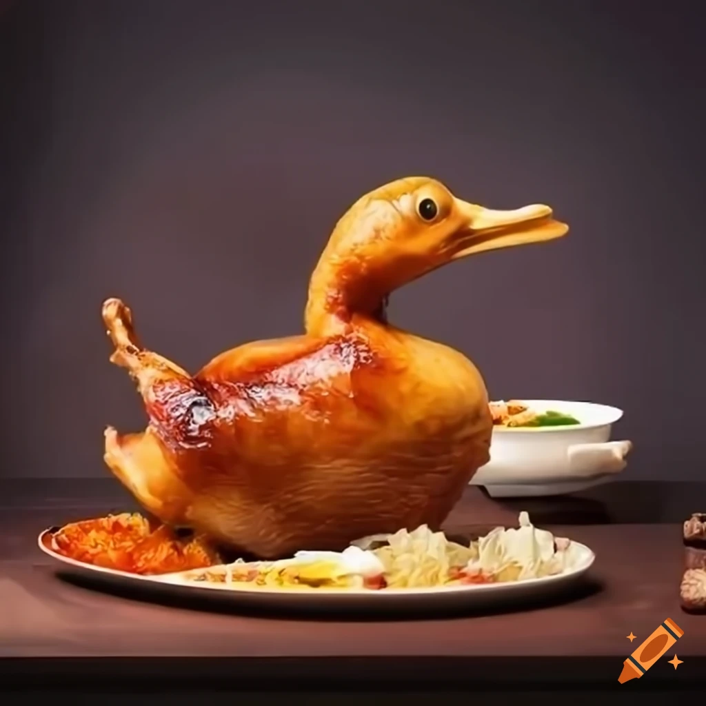 Display of roasted ducks with cartoon character duck in a chinese ...