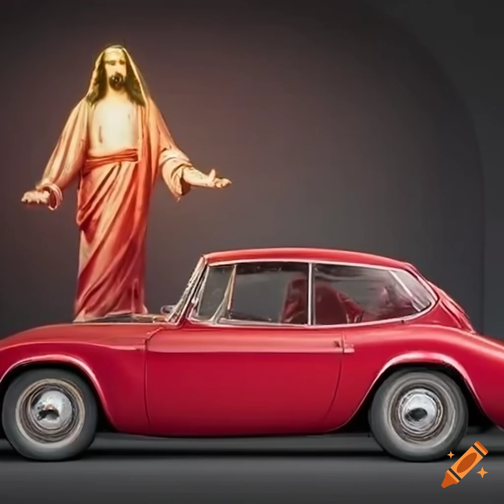 Unique depiction of Jesus in a vintage red sports car on Craiyon