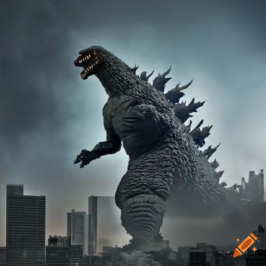 Godzilla towering over a cityscape in a battle scene with smoke and ...