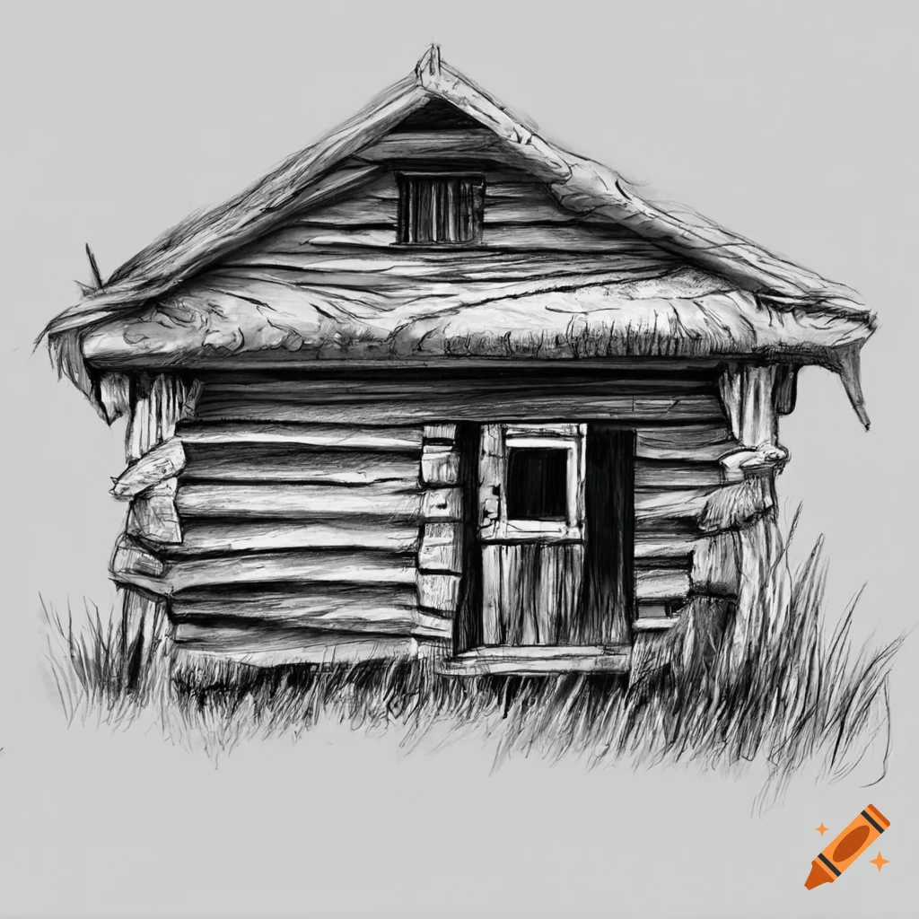 Pencil drawing of a wood cabin in the woods on Craiyon