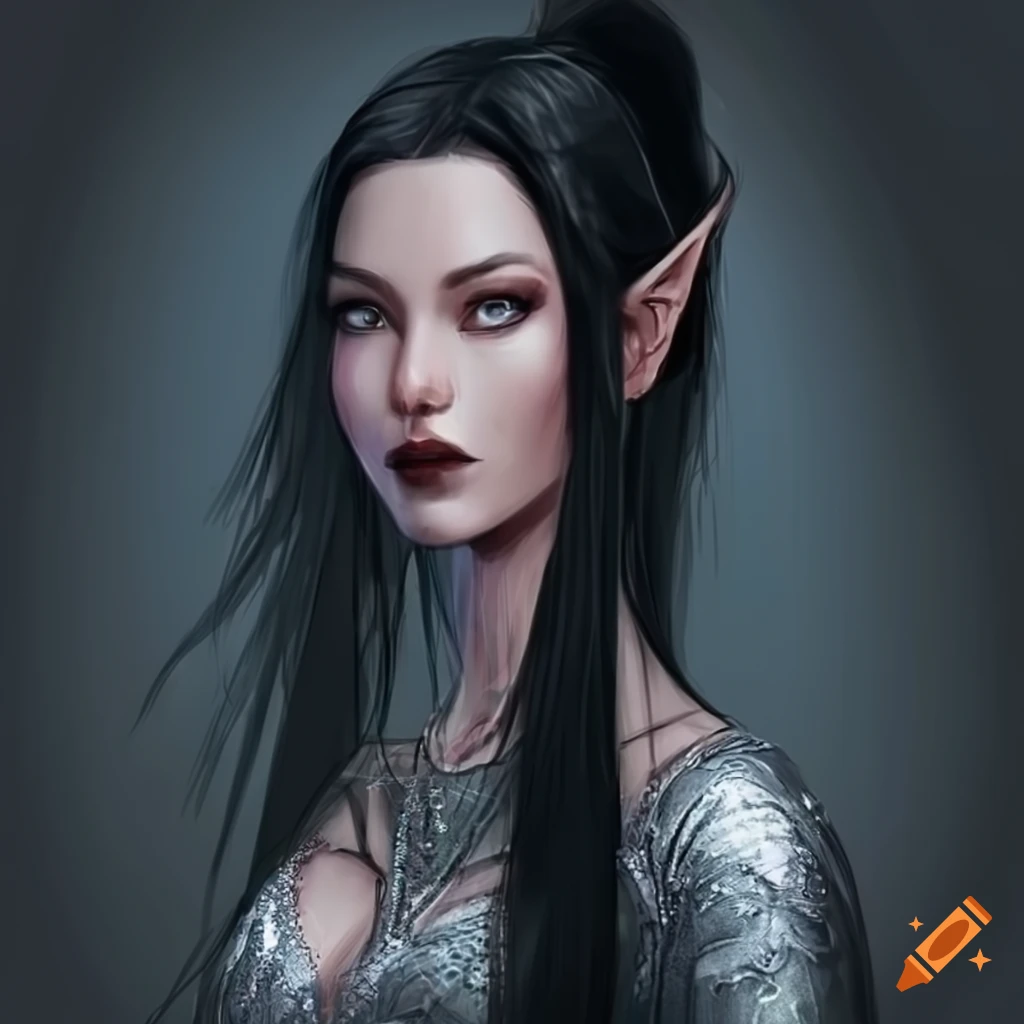 Elf woman in a long silver dress with black hair in a ponytail on Craiyon