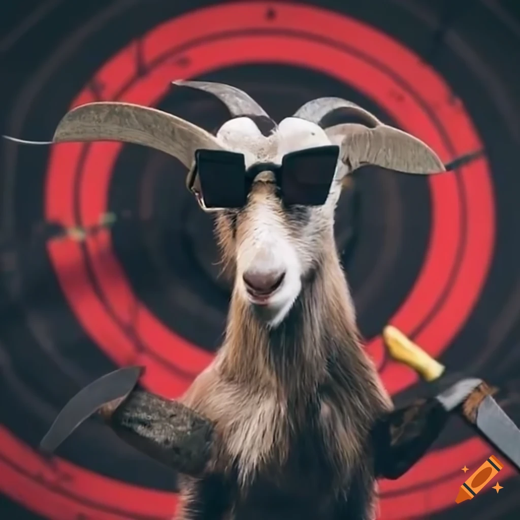 Goat with sunglasses aiming a throwing knife at a bullseye target on ...