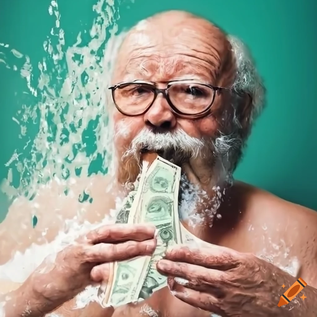 Elderly man with white beard bathing in a tub full of money on Craiyon