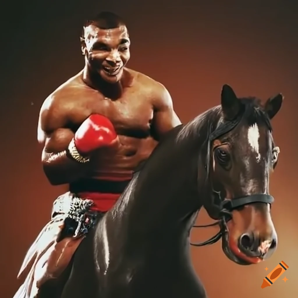 Iconic boxer mike tyson in boxing gear riding a majestic horse on Craiyon