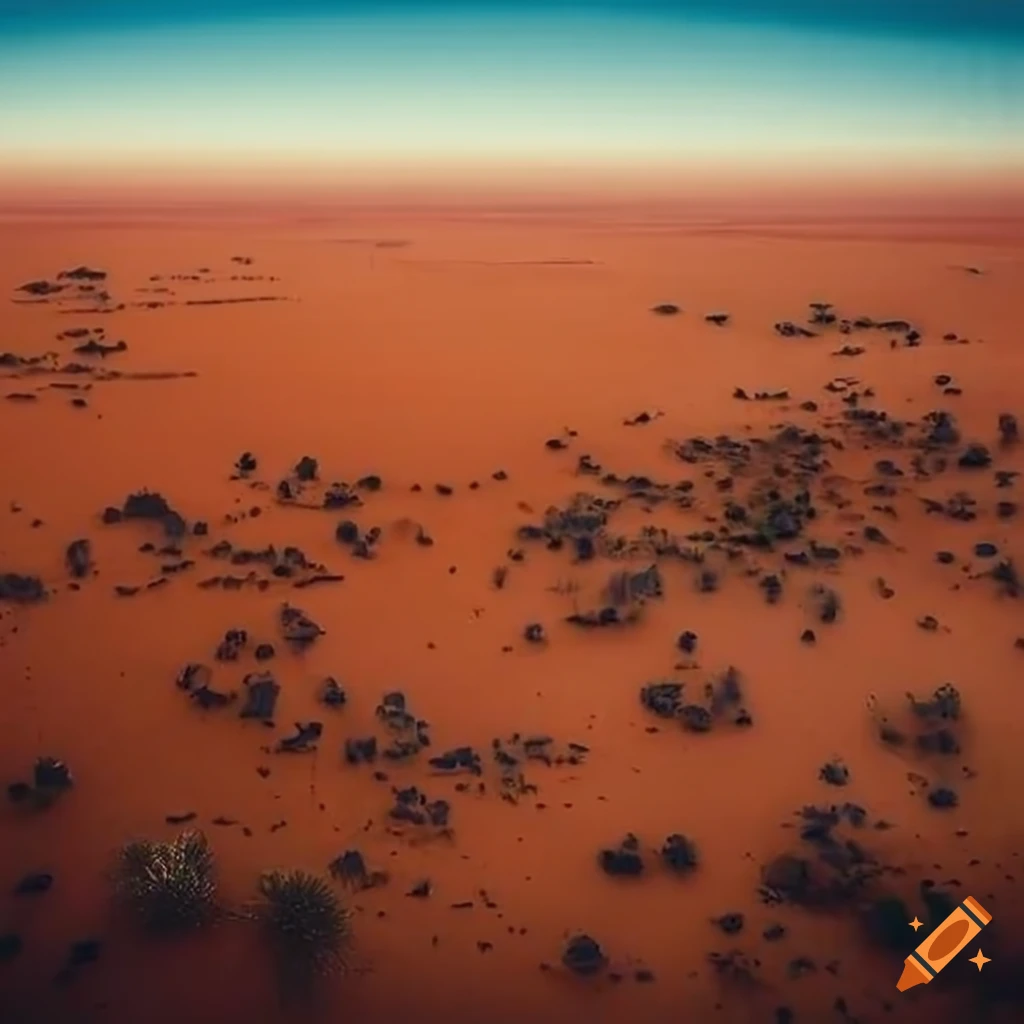 Aerial view of desert shrubland with sparse vegetation and no roads on Craiyon
