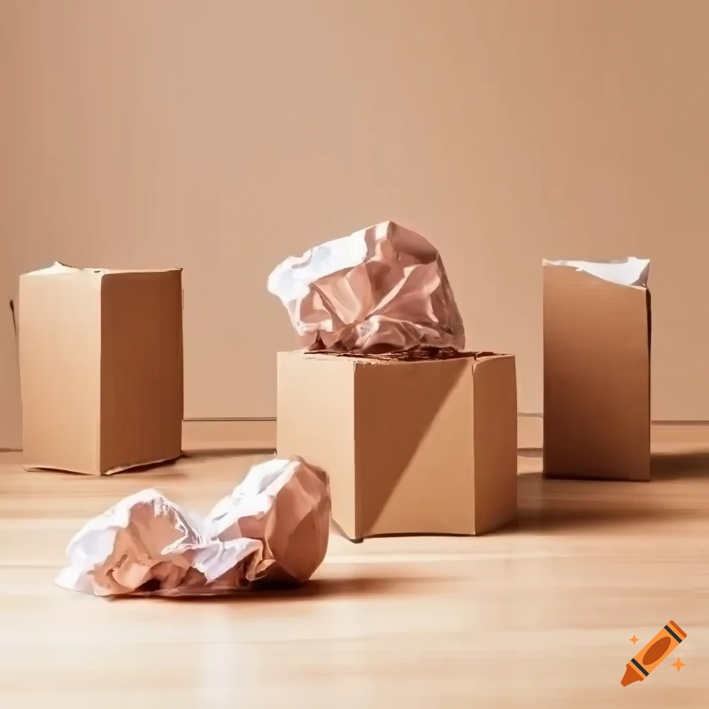 Close-up of crumpled and textured carton boxes on a table on Craiyon