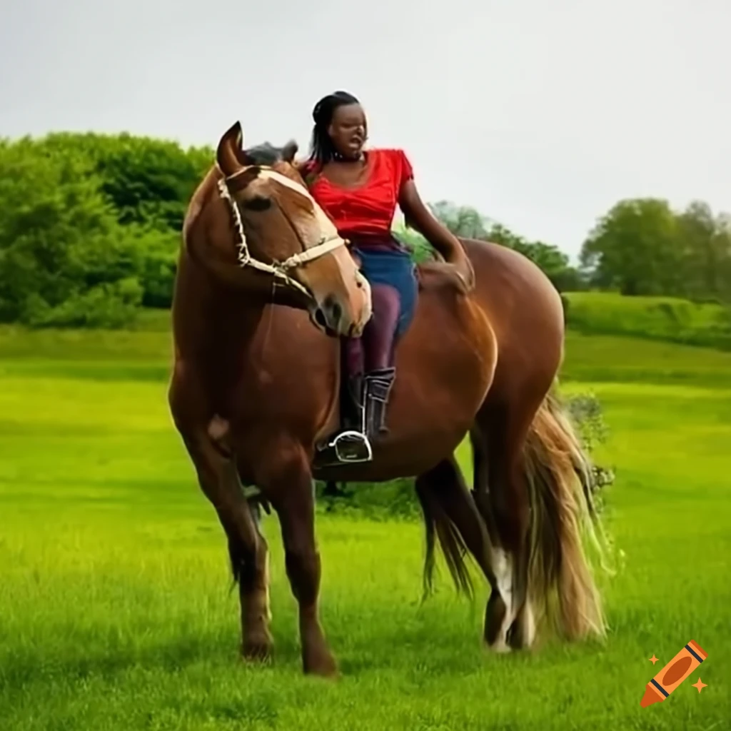 African woman riding a massive belgium draft horse in a green meadow on ...