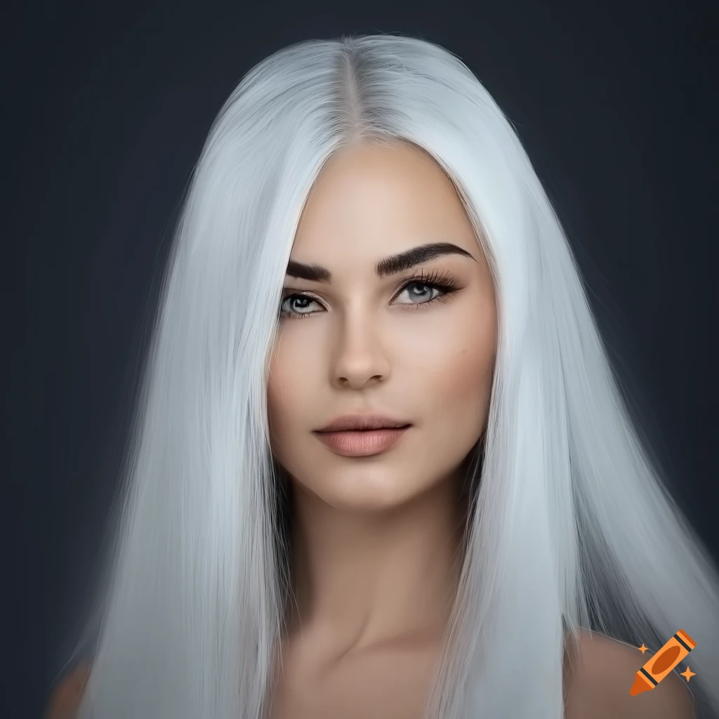 Portrait of a beautiful 25-year-old with long white hair and a sultry expression on Craiyon