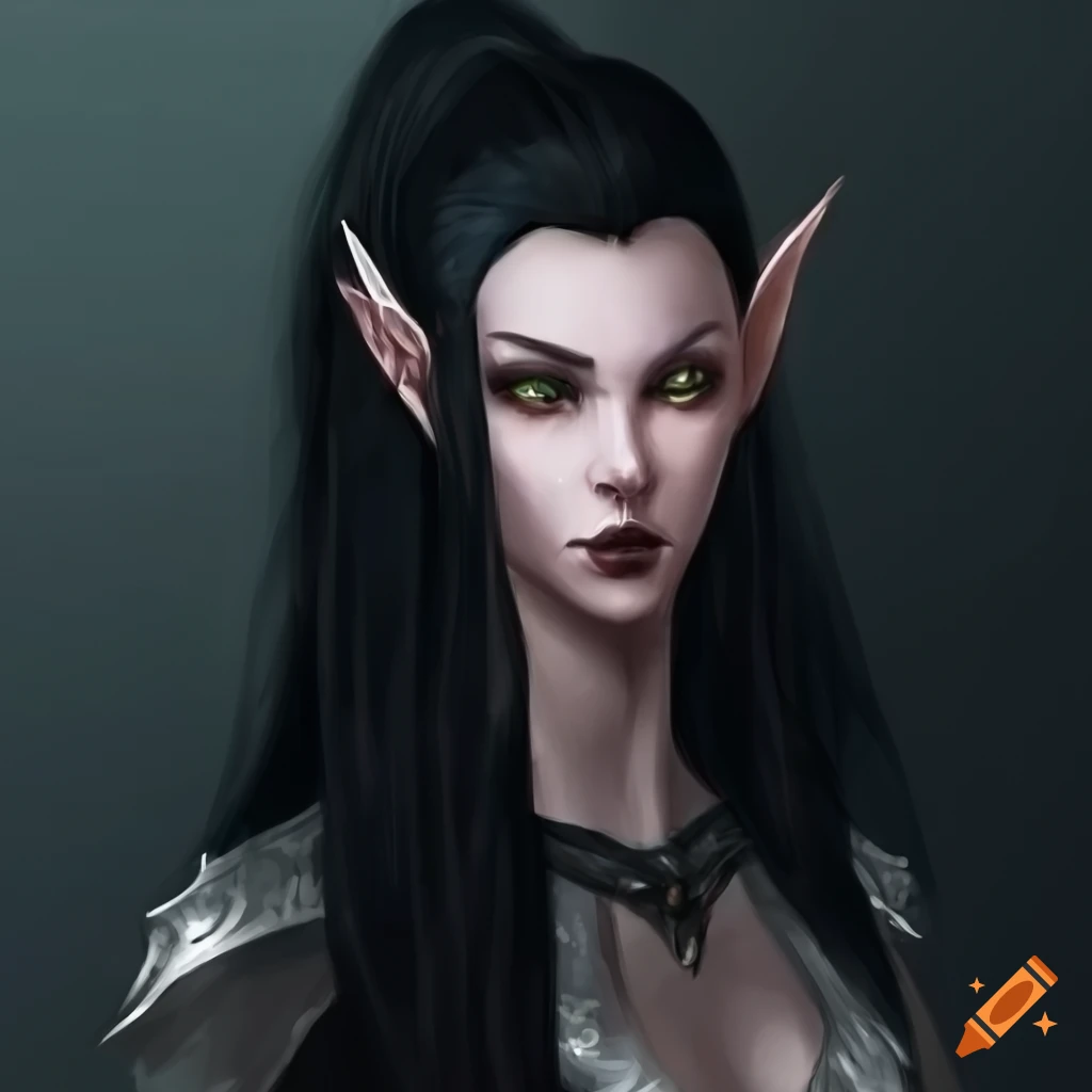 Elf woman in long silver dress with black hair styled in a ponytail on ...