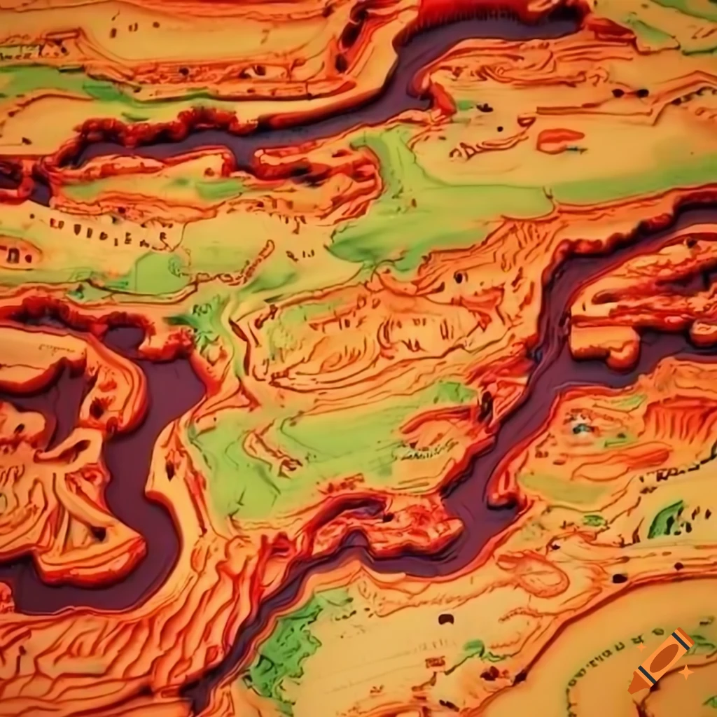 3d topographic map in orange and red tones on Craiyon