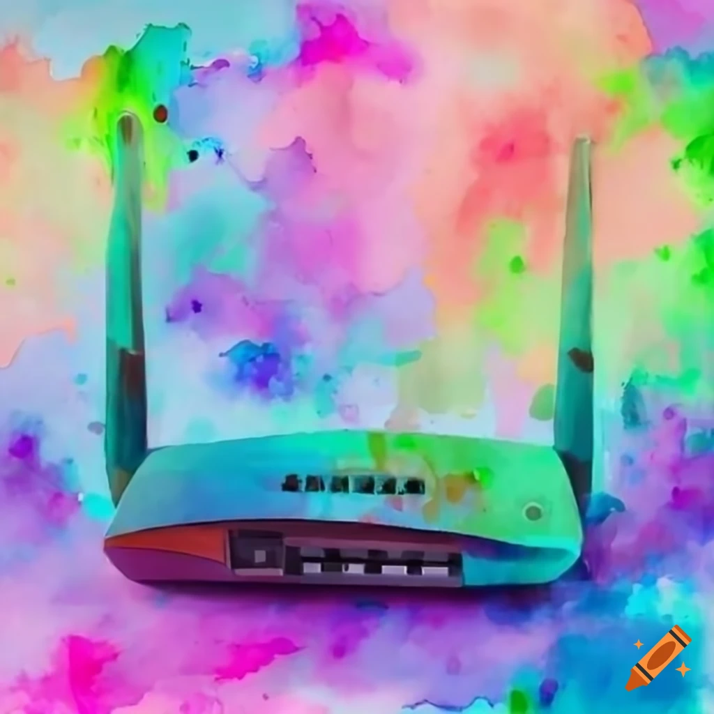 Modern home router with colorful watercolor background on Craiyon