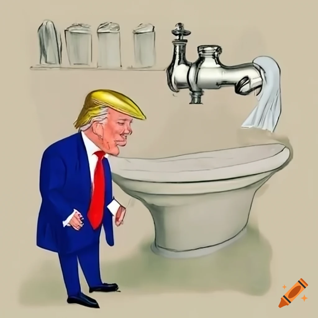 Satirical scene of donald trump fixing faucet in a run-down bathroom on ...