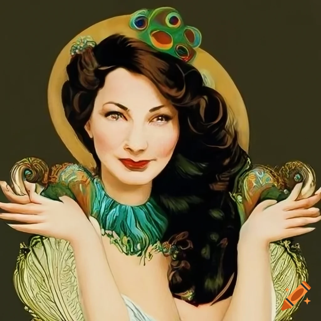 High contrast Edwardian poster with a beautiful actress in an art ...