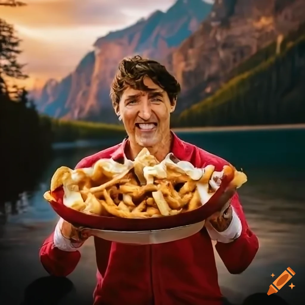 Justin trudeau enjoying canadian poutine with a bear in a scenic ...