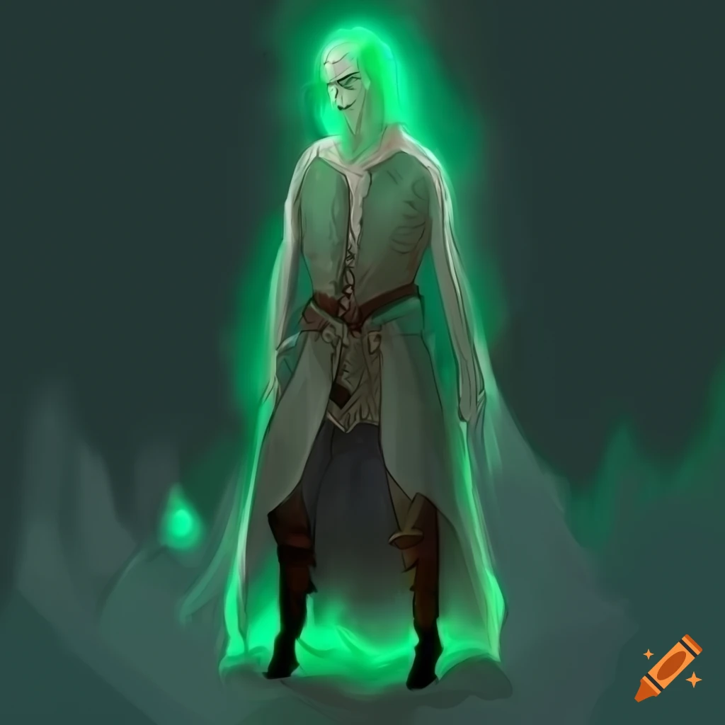 Dnd character with ghostly features and glowing green eye on Craiyon