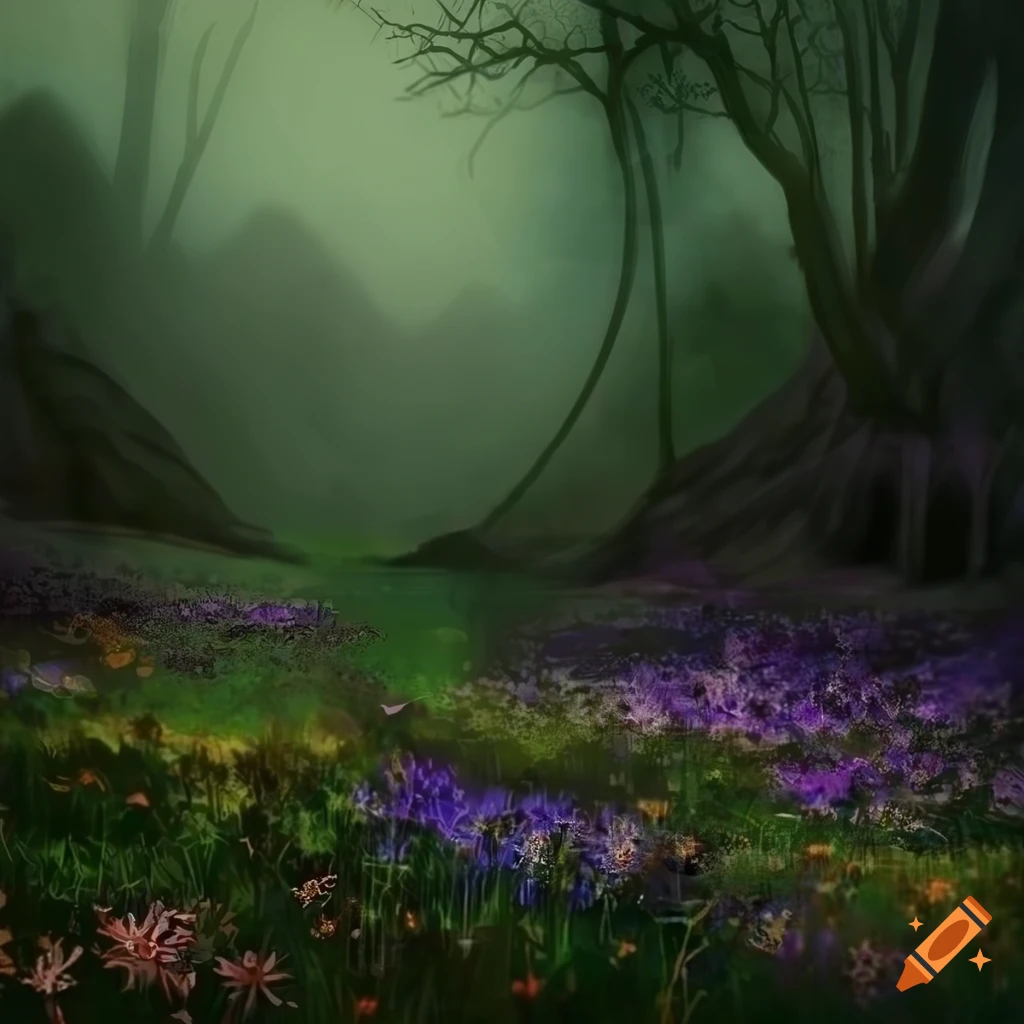 Gothic meadow blooming with spring flowers in digital art on Craiyon