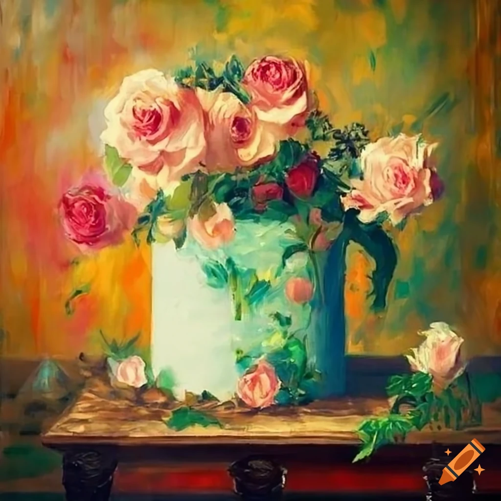 Impressionist garden with flowers and roses on a table on Craiyon