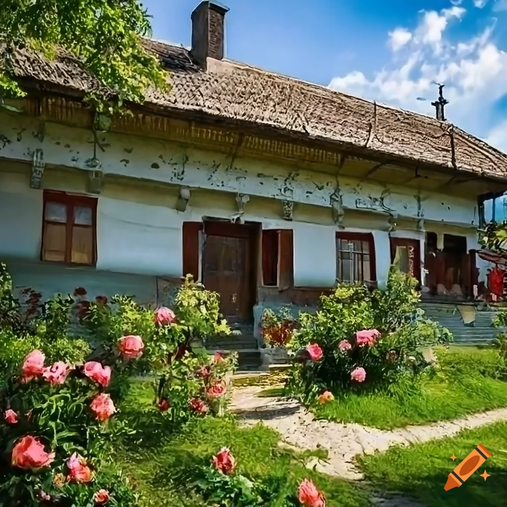 Intricate and vibrant artwork of a Romanian house with a garden of ...