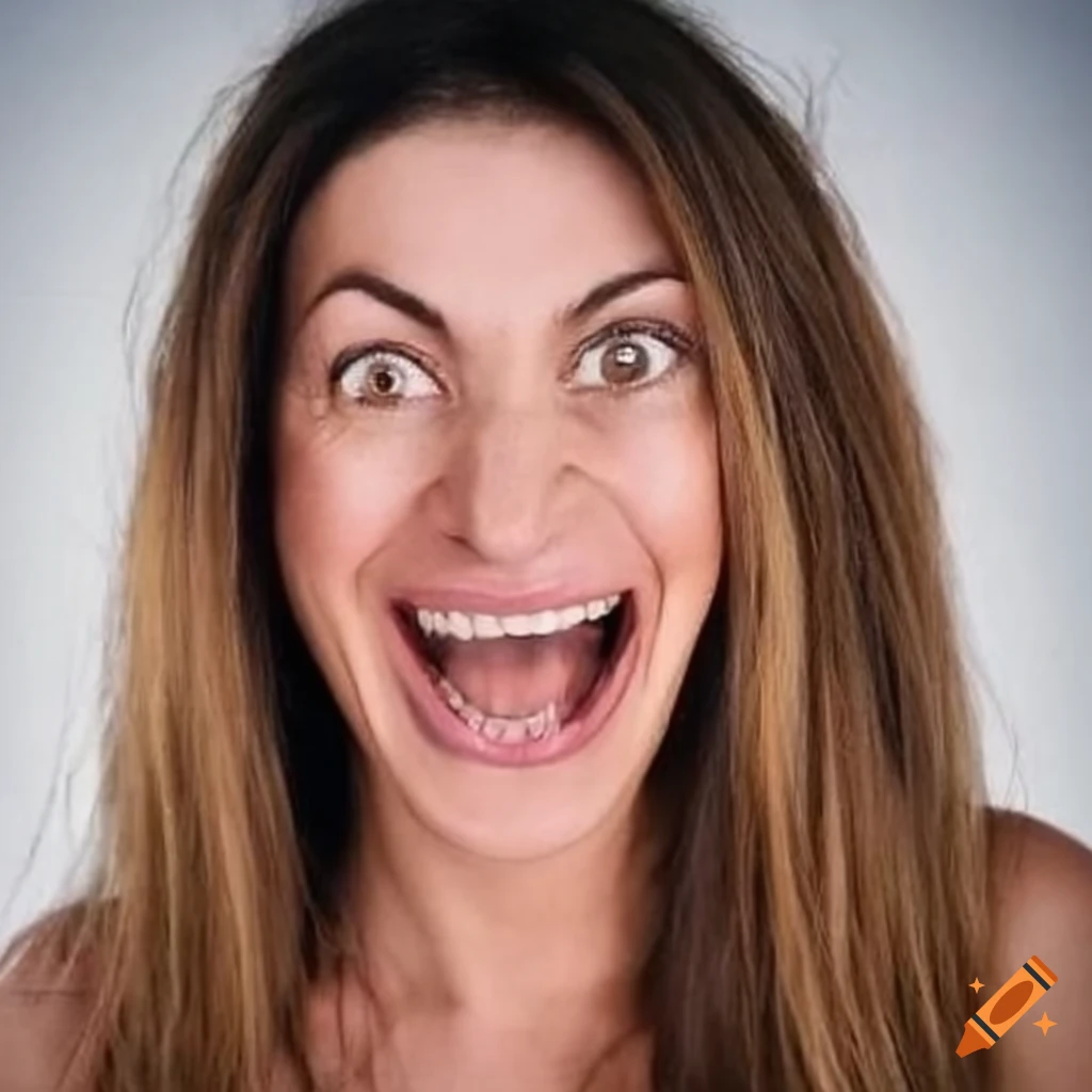 Beautiful female face with an extremely exaggerated smile on Craiyon