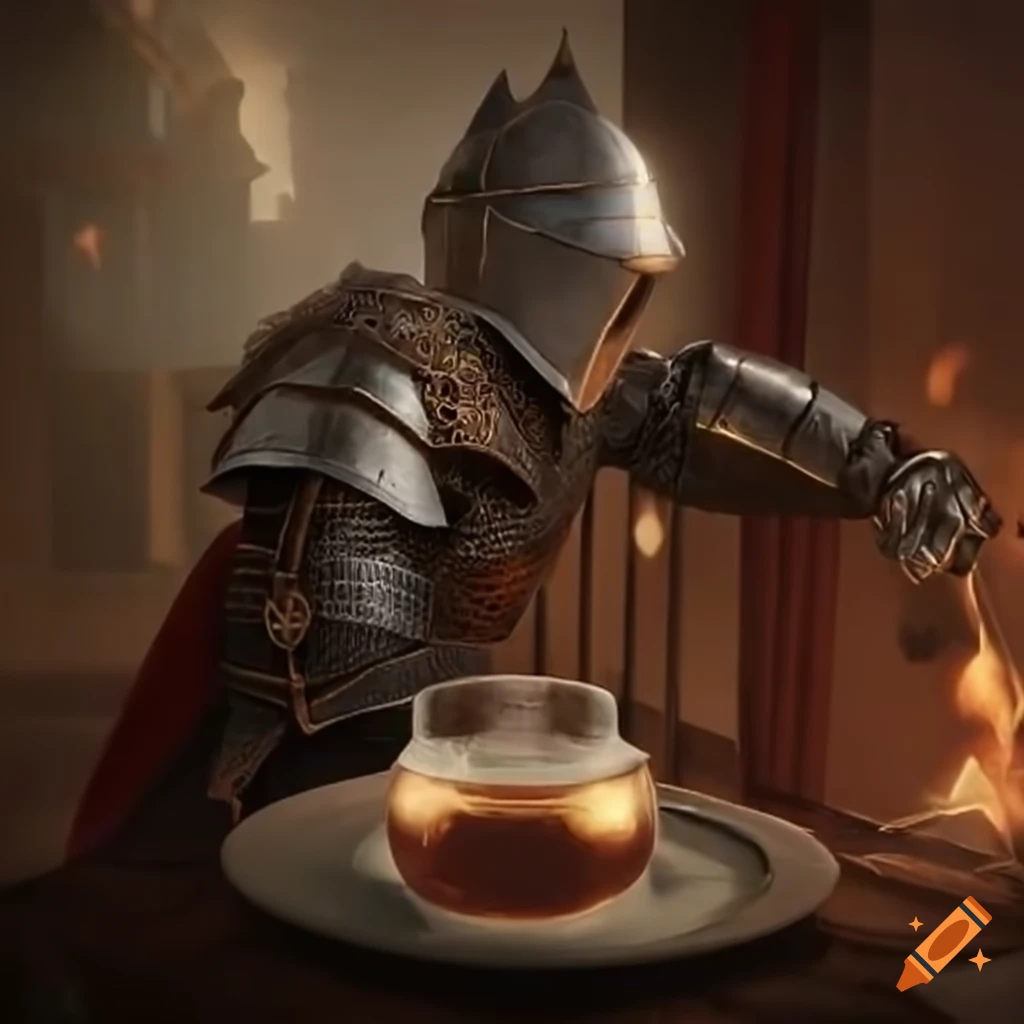 Knight chasing tea cup with death pursuing the knight in a futuristic ...