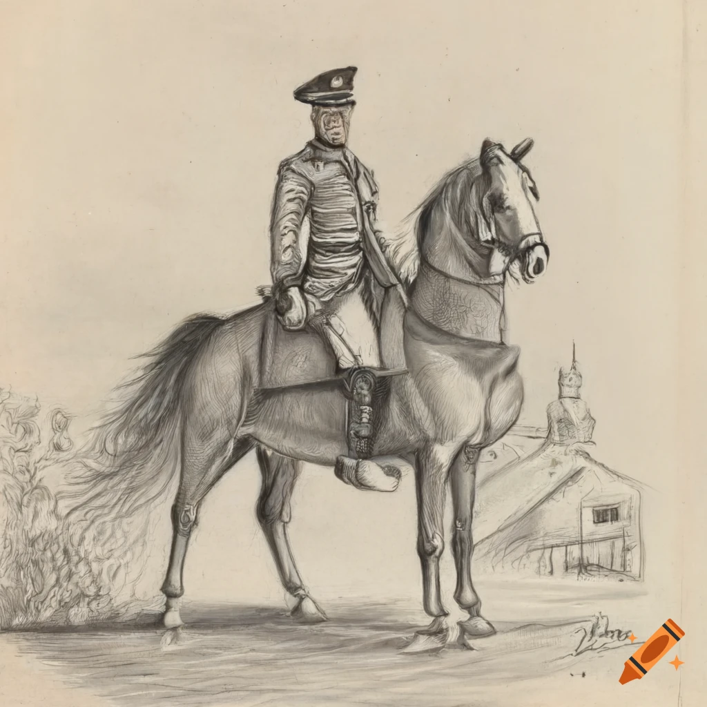 Older male commander sitting on a horse overlooking a village in ...